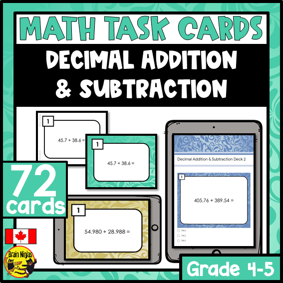 Decimals Addition and Subtraction Math Task Cards | Paper and Digital ...
