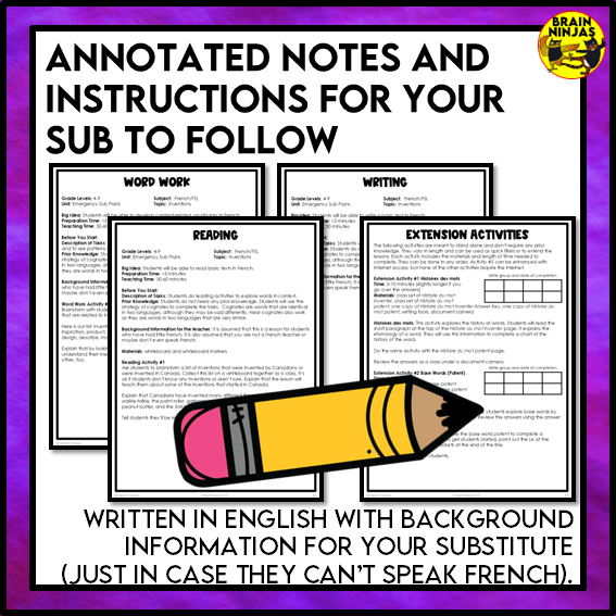 French Class Emergency Sub Plans Paper Grade 4 Grade 5 Grade 6 ...