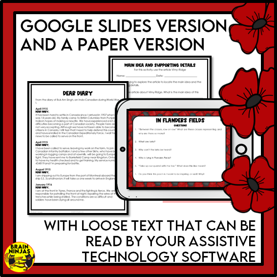 Remembrance Day Bundle Reading Writing Social Studies and Art Activiti ...