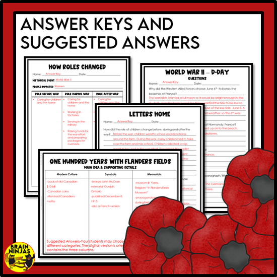 Remembrance Day Bundle Reading Writing Social Studies and Art Activiti ...