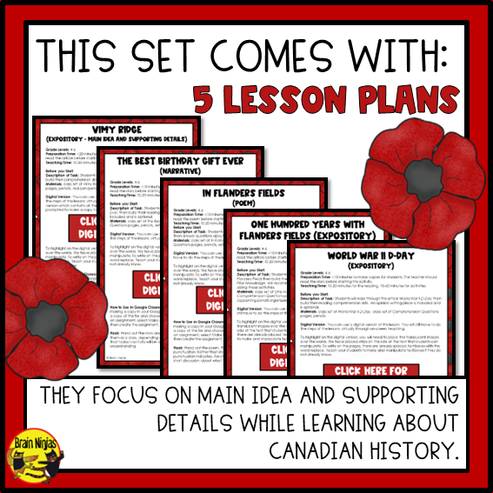 Remembrance Day in Canada Reading and Writing Activities | Paper and D ...